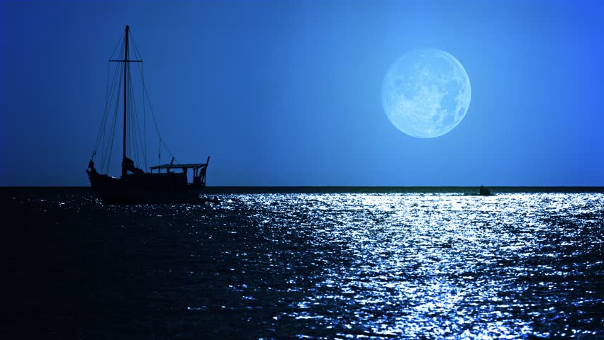 A Commercial Fishing Boat On The Horizon With A Full Moon Behind. Stock ...