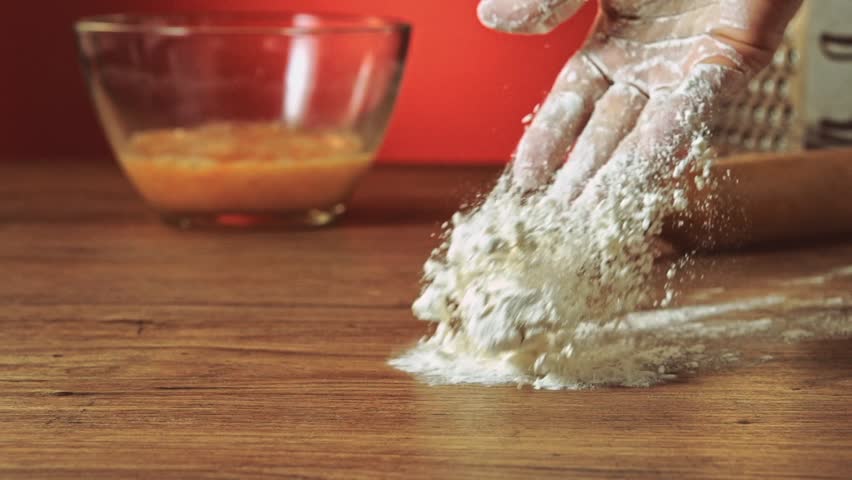 Flour Is Thrown On The Kitchen Cooking Table. Food Preparing And Bakery ...