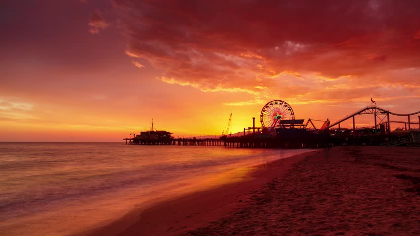 Sunset At Santa Monica Beach Pier, California. HD Timelapse. Stock ...