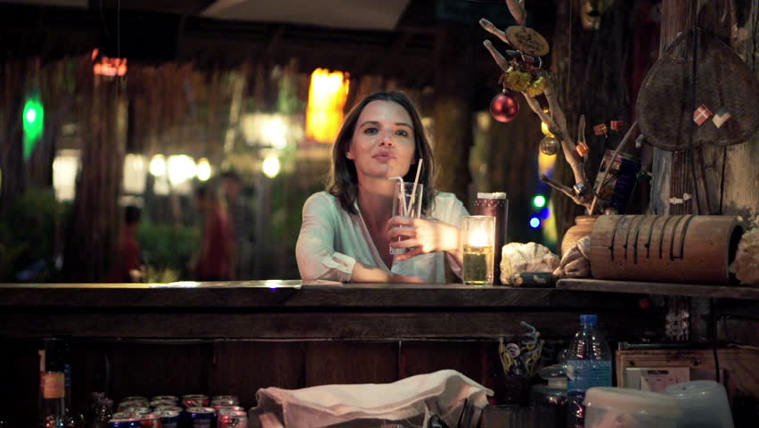 Sad, Unhappy Woman Waiting For Someone And Drinking Cocktail In Cafe At ...