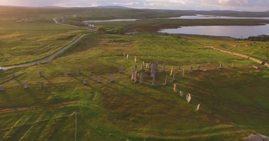 Stock Video Clip of Cinematic aerial shot of Callanish standing stones ...