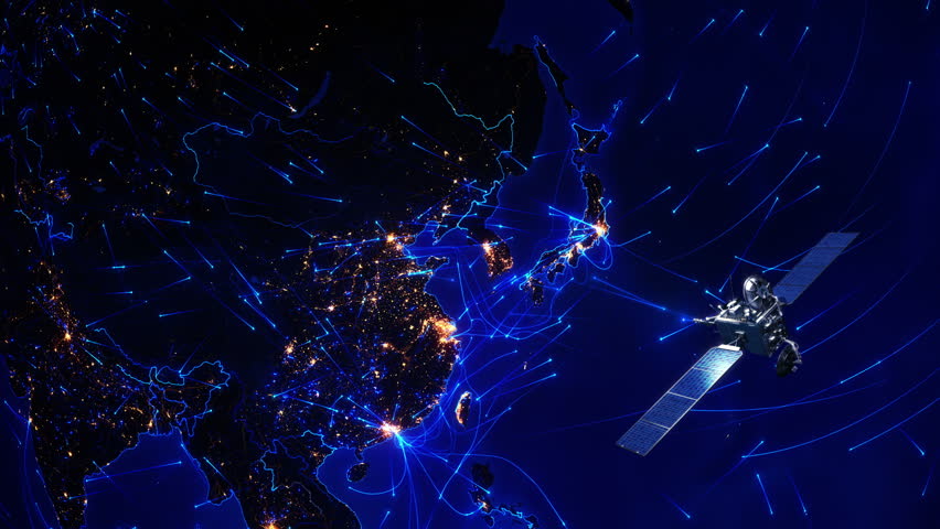 Satellite Sending Signals To Earth. Japan. Animation Of The Earth With ...
