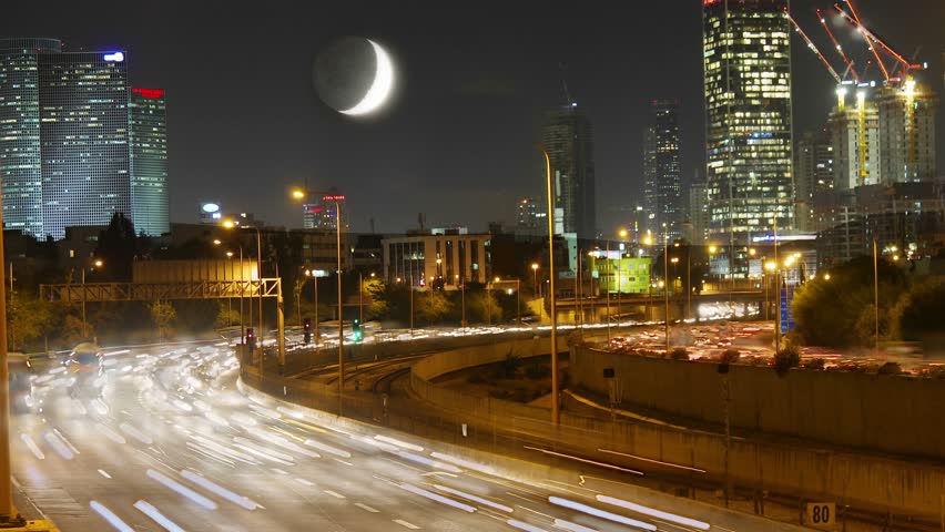 Traffic. Moon Over the City. Stock Footage Video (100% Royalty-free ...