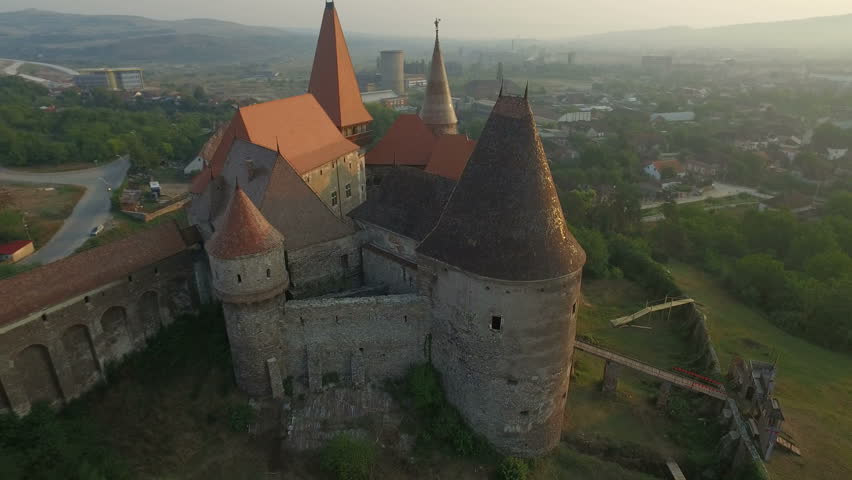 4K Aerial Shot Of The Corvin Castle At Dawn A Gothic-Renaissance Castle ...