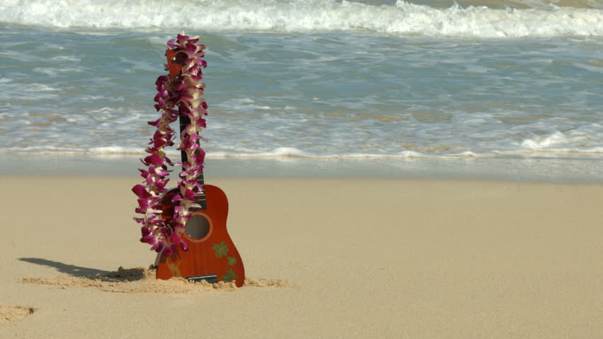 Ukulele And Lei On Beach In Hawaii Concept. Traditional Hawaiian ...