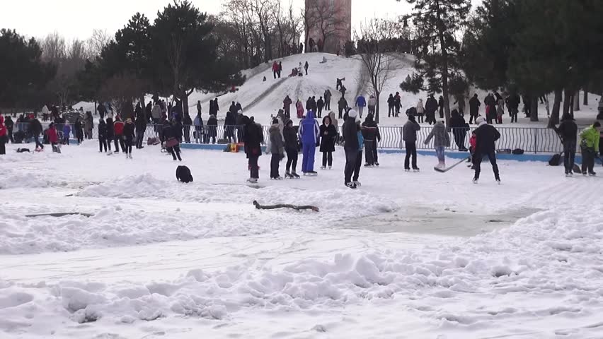 Winter Day: Many People Slide From Ice Slides In Park. Time Lapse ...