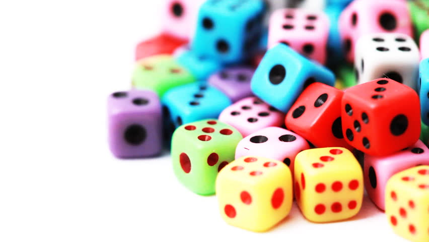 Many Colorful Dice Stacked In Pile Rotate On White Background Stock ...