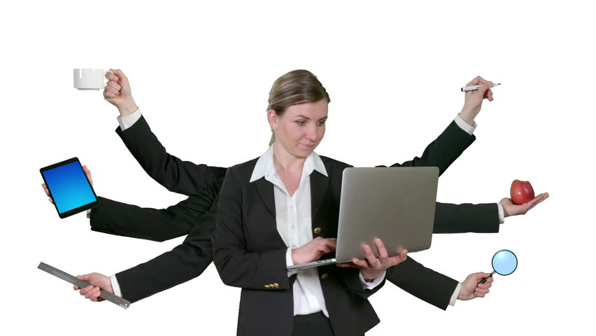 Caucasian Woman With Multiple Arms Multi Tasks On Orange Background ...