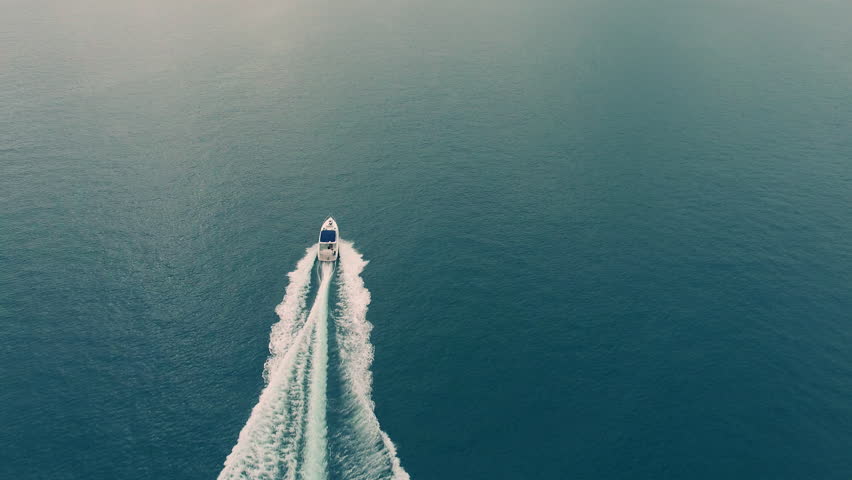 Top View Aerial Footage With Fast Boat Moving On High Speed In The Open ...