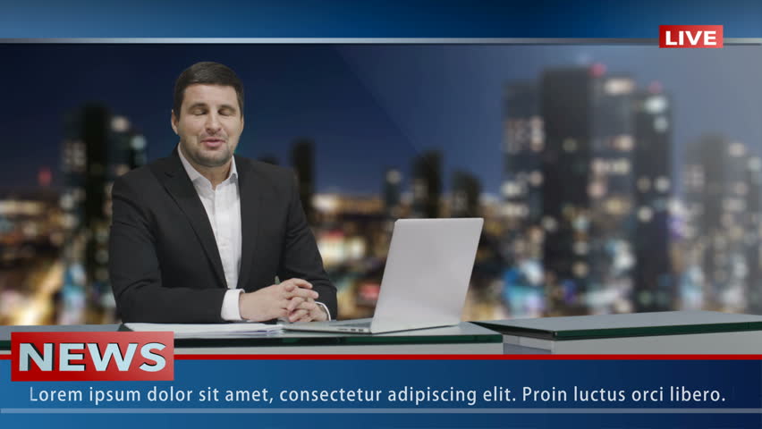 Media Broadcaster Is Sitting At A Table And Talking. Display With Green ...