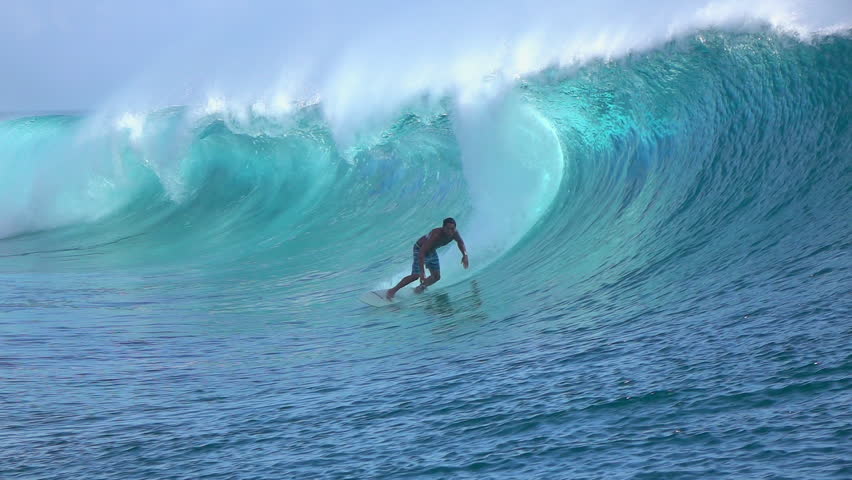 SLOW MOTION: Cheerful Extreme Pro Surfer Surfing Big Tube Barrel Wave ...