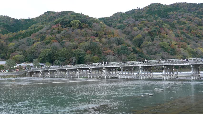 Kyoto - May 2014: Tourists Walking Togetsukyo Bridge Oi River Moon ...