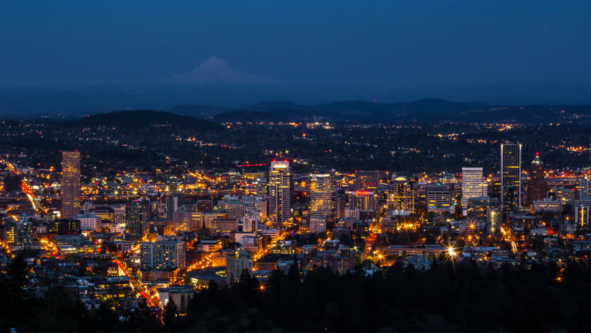 Downtown Portland, Oregon With Mt. Hood In The Distance, Time Lapse In ...