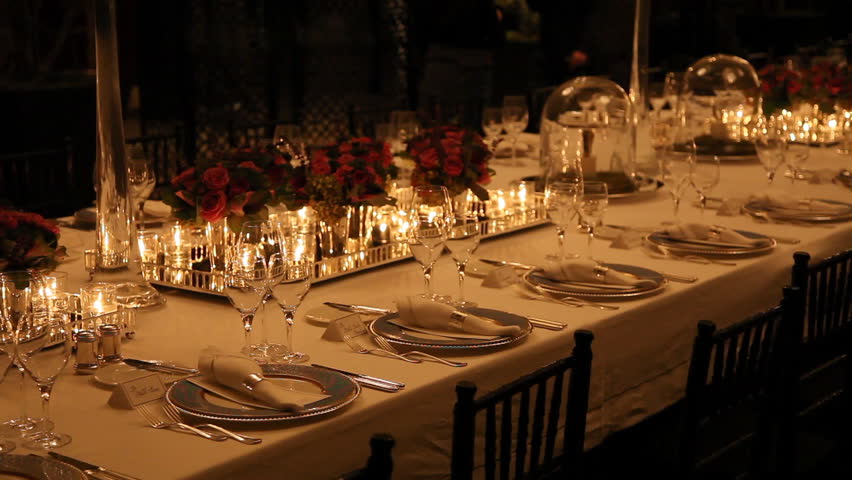 Elegant Candlelight Dinner Table Setting At Reception Stock Footage ...