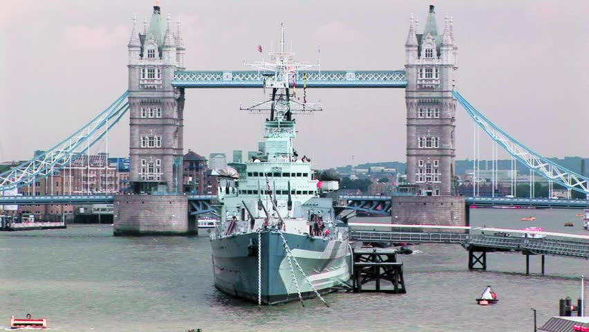 The Belfast Warship With The London Bridge On The Background. HMS ...