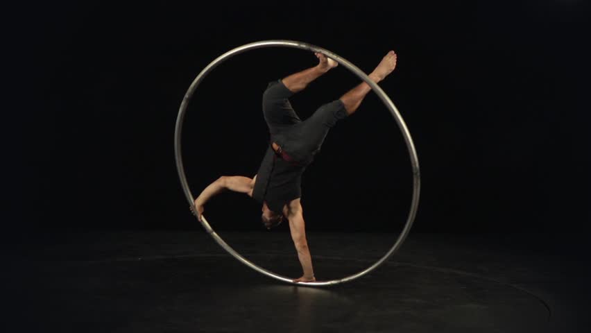 Acrobatic Woman Performer Rotate Hula Hoop On Dark Scene Stock Footage ...