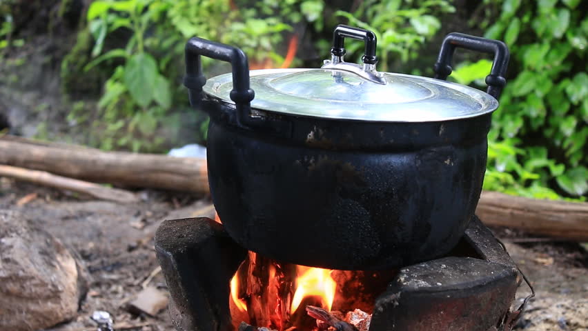 Rustic Pot Boiling Outdoor On A Fire In Yard, Rural Cooking, Healthy ...