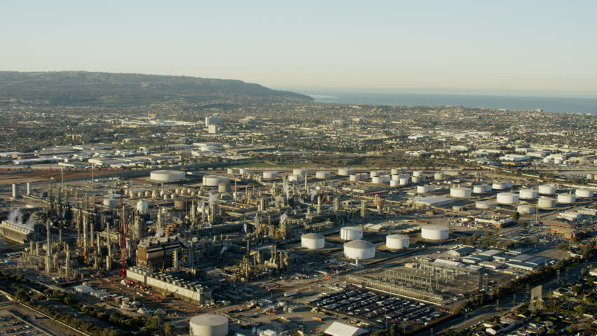 Aerial USA Refinery LA California City Oil Gas Industry Plant Logistics ...