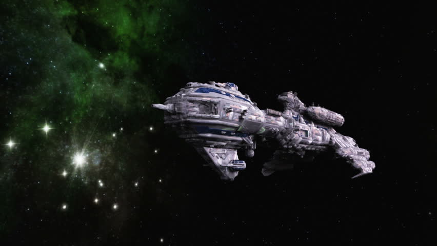 Futuristic Military Spacecraft Initiating A Warp Drive And Opening A ...