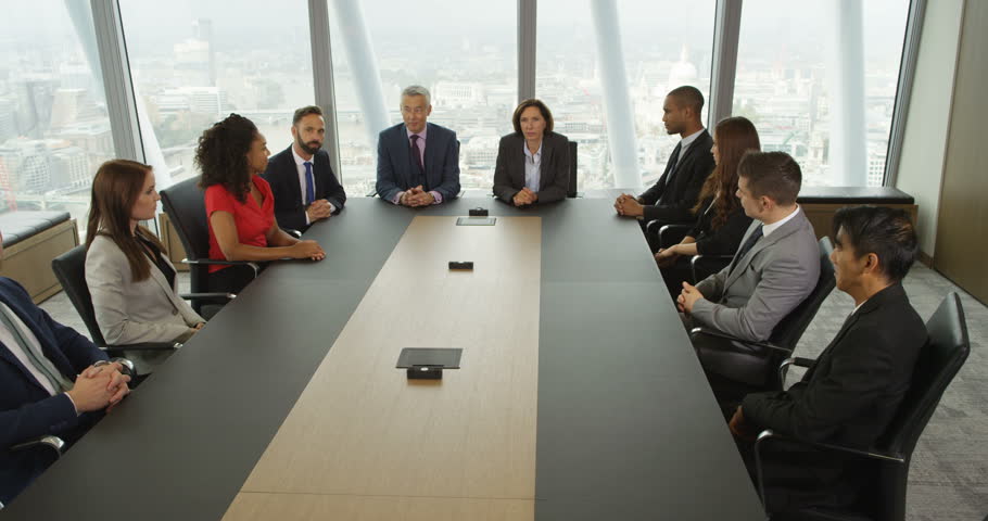 4K Diverse Business Management Team In Boardroom Meeting In City Office ...