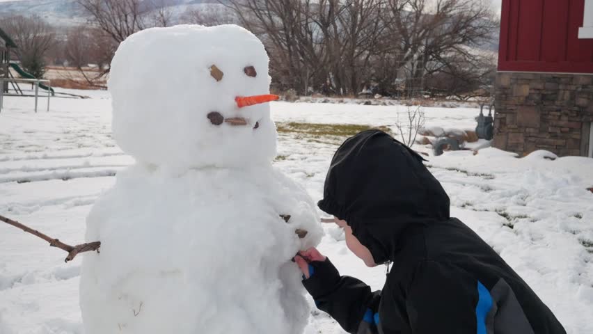 SLOW MOTION CLOSE UP: Young Man In Winter Wear Jumping Into A Snowman ...