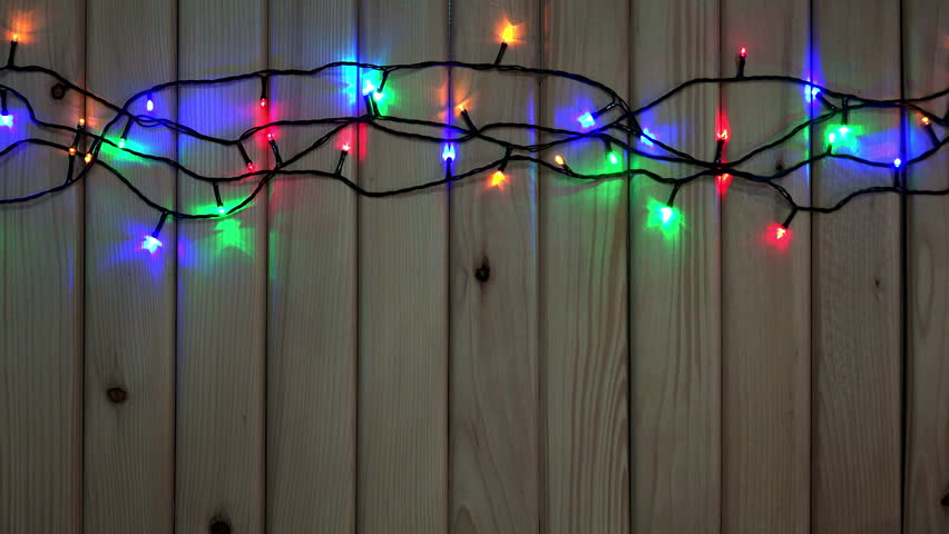 LED Christmas Lights On Wooden Background, Abstract Template, Selective ...