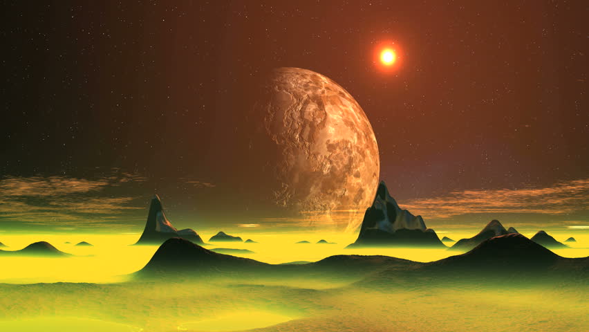 Saturn On A Background Alien Landscape. Mountain Peaks Rise Above The ...