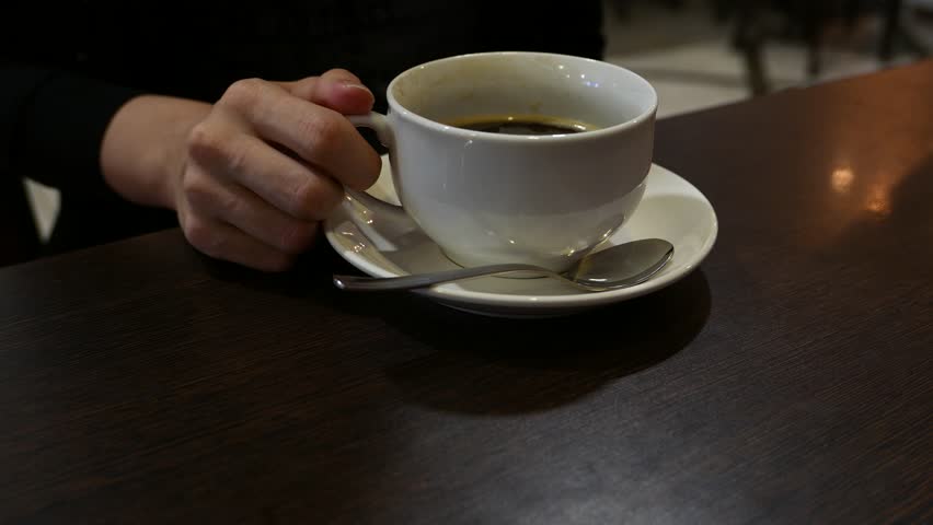Woman Lift Up Big Cup And Make Last Gulp Of Regular Coffee, Close Up ...