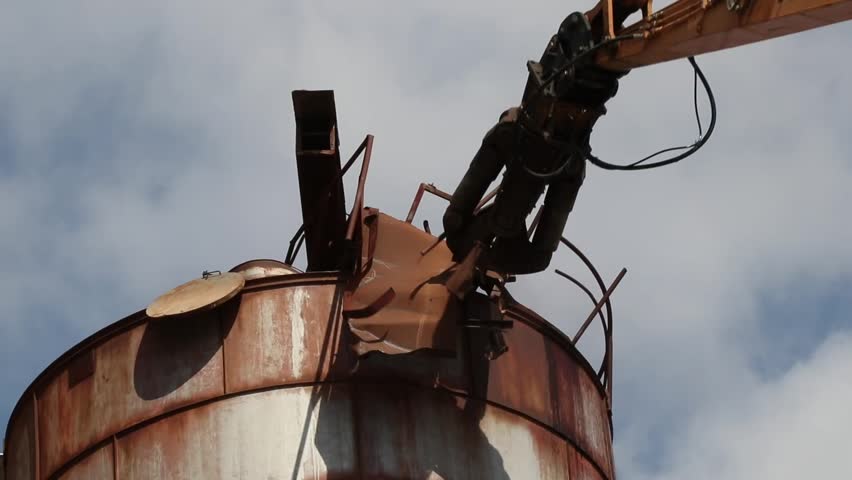 ASHDOD, ISRAEL - JAN 30 Bulldozer Destroy Old Metal Silo Tower ...