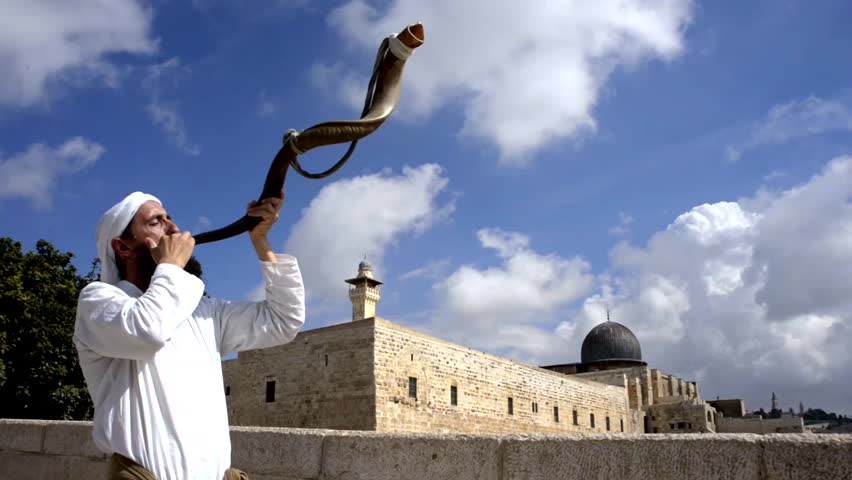 Jewish Man Blow Shofar Outdoors Under The Sky, On The Jewish High ...