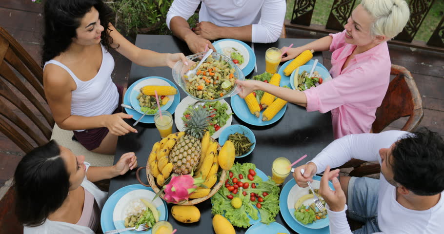 People Group Talk Eating Healthy Vegetarian Food, Friends Communication ...