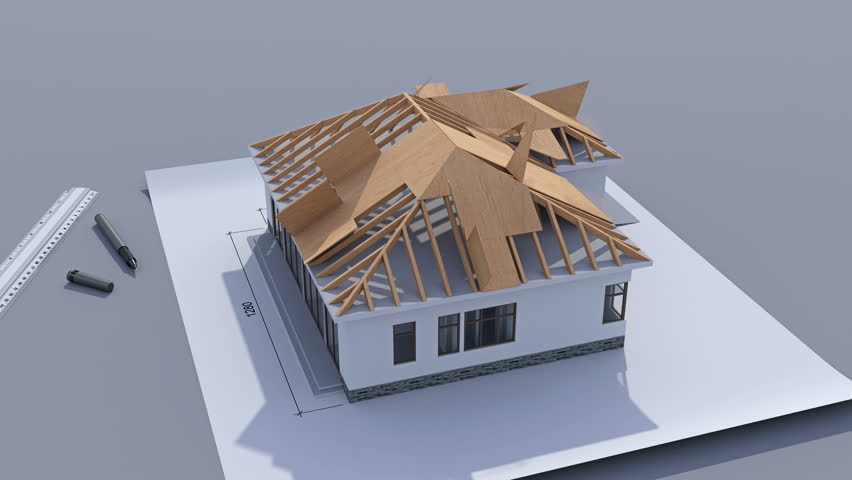 Building A House With A Hip Roof. Time-lapse 3d Animation Of House ...