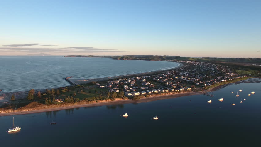 Aerial Of Houses At Omaha Beach And Whangateau Harbour, New Zealand ...