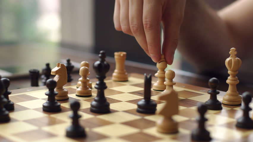 Playing Chess, Closeup, Wooden Chess Board On A Table Stock Footage ...
