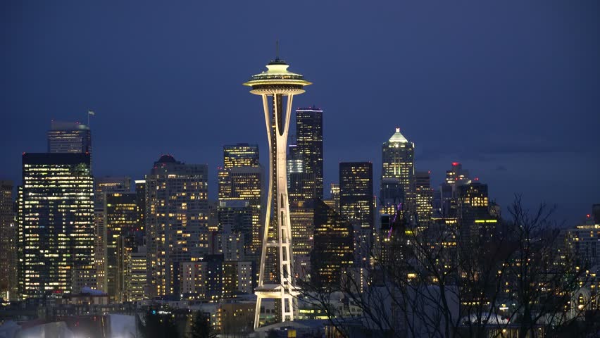 View Of Space Needle Tower At Night In Seattle United States Stock ...
