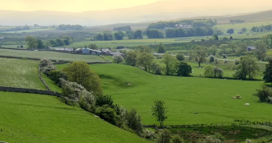 Stunning Aerial Shot Over Lush Green Fields And Meadows In The English ...
