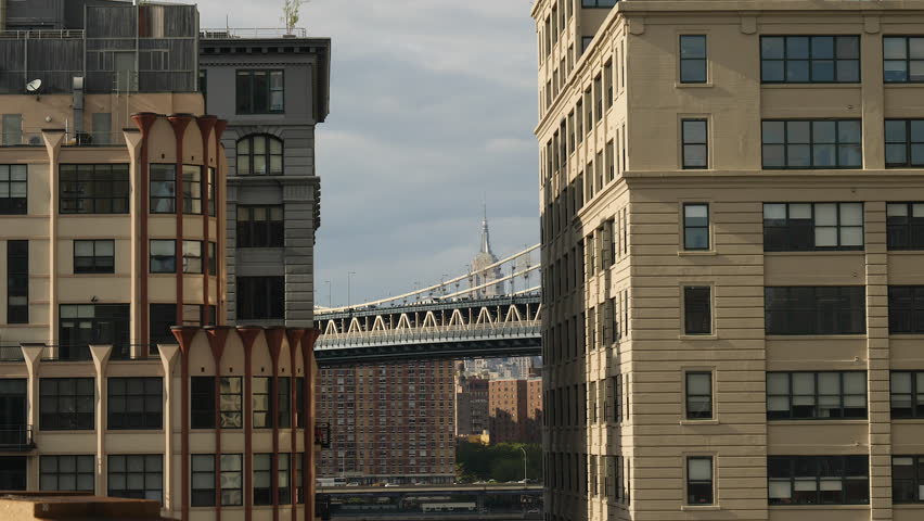 New York City, May 2017. Manhattan Bridge Seen Through Buildings In ...