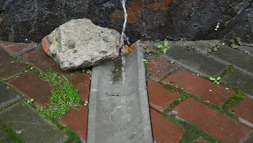 Sewage Drain Pipe Outlet, Water Stream Fall Down To Muddy Puddle, White ...