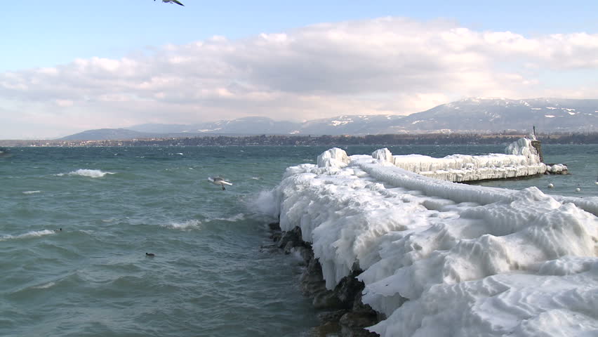 Extreme Ice Storm Hits Lake Shore. Thick Ice Coats The Shore Of Lake ...
