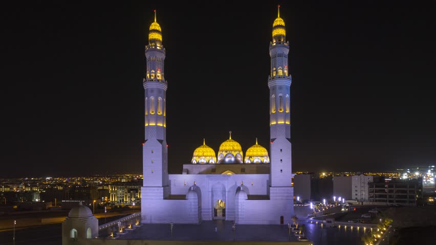 Aerial Time Lapse Of A Beautiful Bawshar Mosque At Sunset In Muscat ...