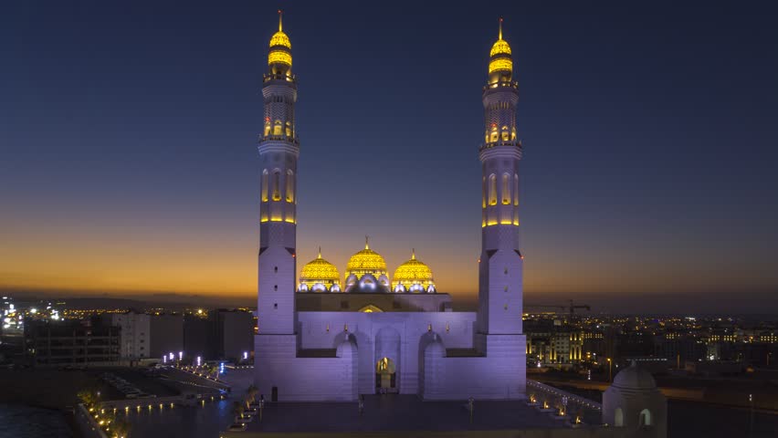 Aerial Time Lapse Of A Beautiful Bawshar Mosque At Sunset In Muscat ...