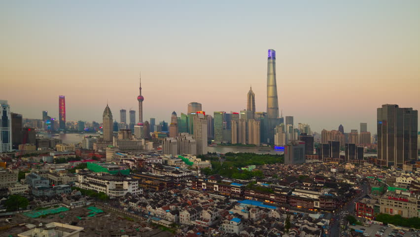 Sunset Time Shanghai Cityscape Slum Rooftop Panorama 4k Timelapse China ...