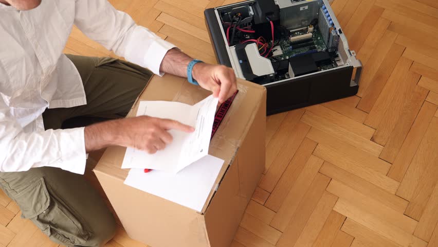 LONDON, UNITED KINGDOM - CIRCA 2017: Computer Geek Unboxing Unpacking ...