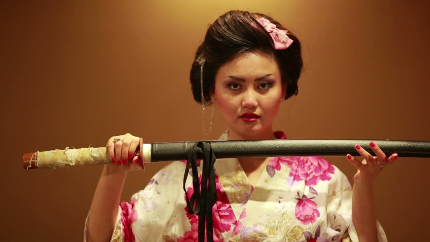 Japanese Geisha Samurai With Sword Outside At Night Stock Footage Video ...