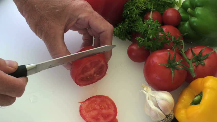 1920x1080 Chef Slices Tomatoes Against Stock Footage Video (100% ...