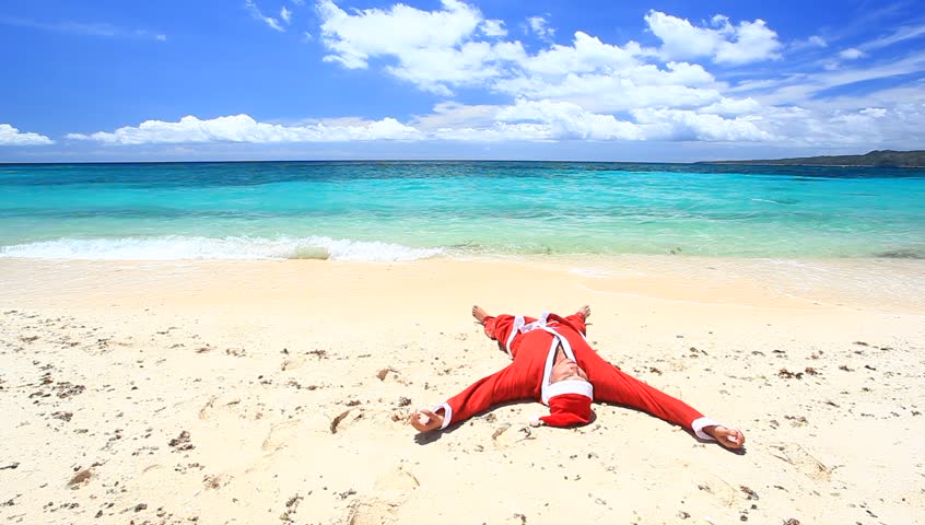 Santa Claus Sitting On Tropical Beach, Caribbean Christmas Stock ...