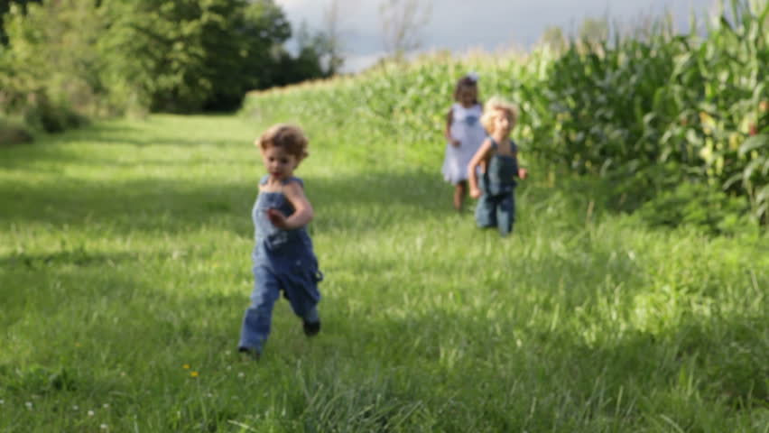 A Young Girl Runs Away From The Camera In An Open Field. Medium Shot ...