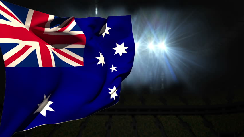 Australia National Flag Waving On Blue Sky Background With Sun And ...