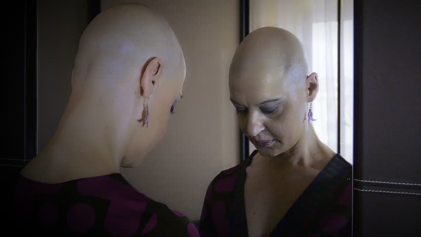 Sad Woman Suffering From Cancer At The Mirror Thinking: Loneliness ...