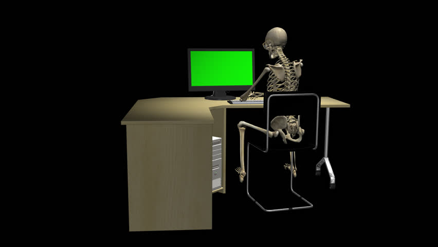 Skeleton Working On Computer - Front Side - Long Angle - Alpha Channel ...